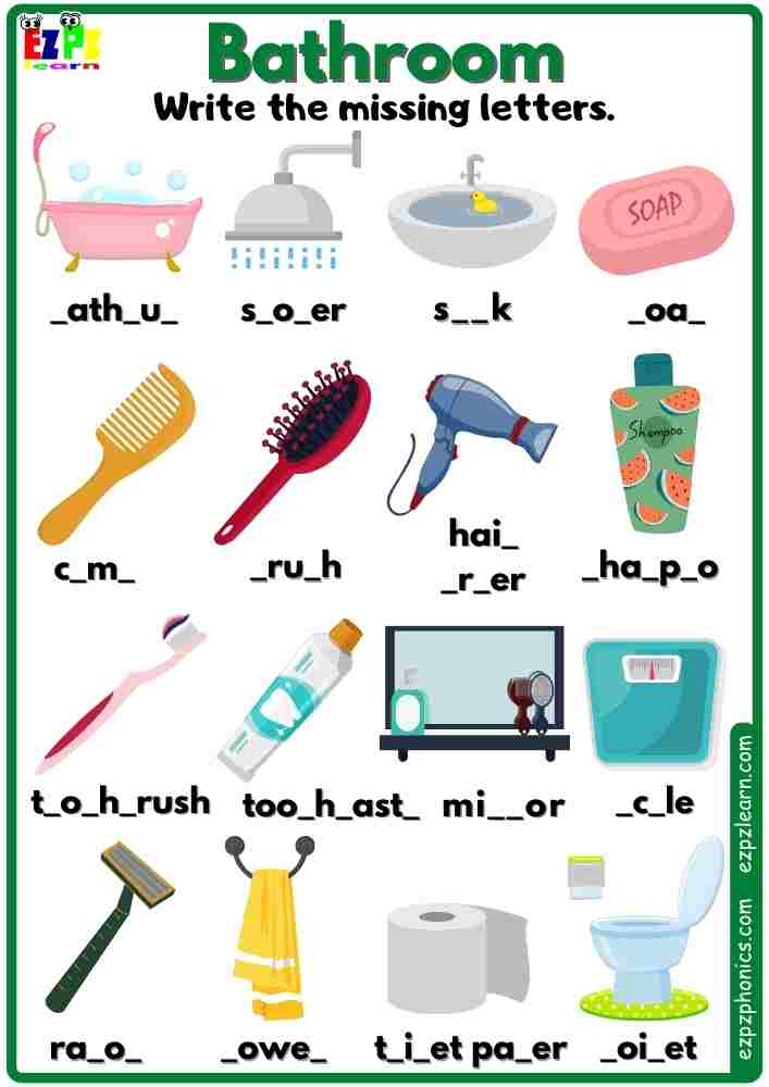 Bathroom Vocabulary Write the Missing Letters Worksheet - Ezpzlearn.com